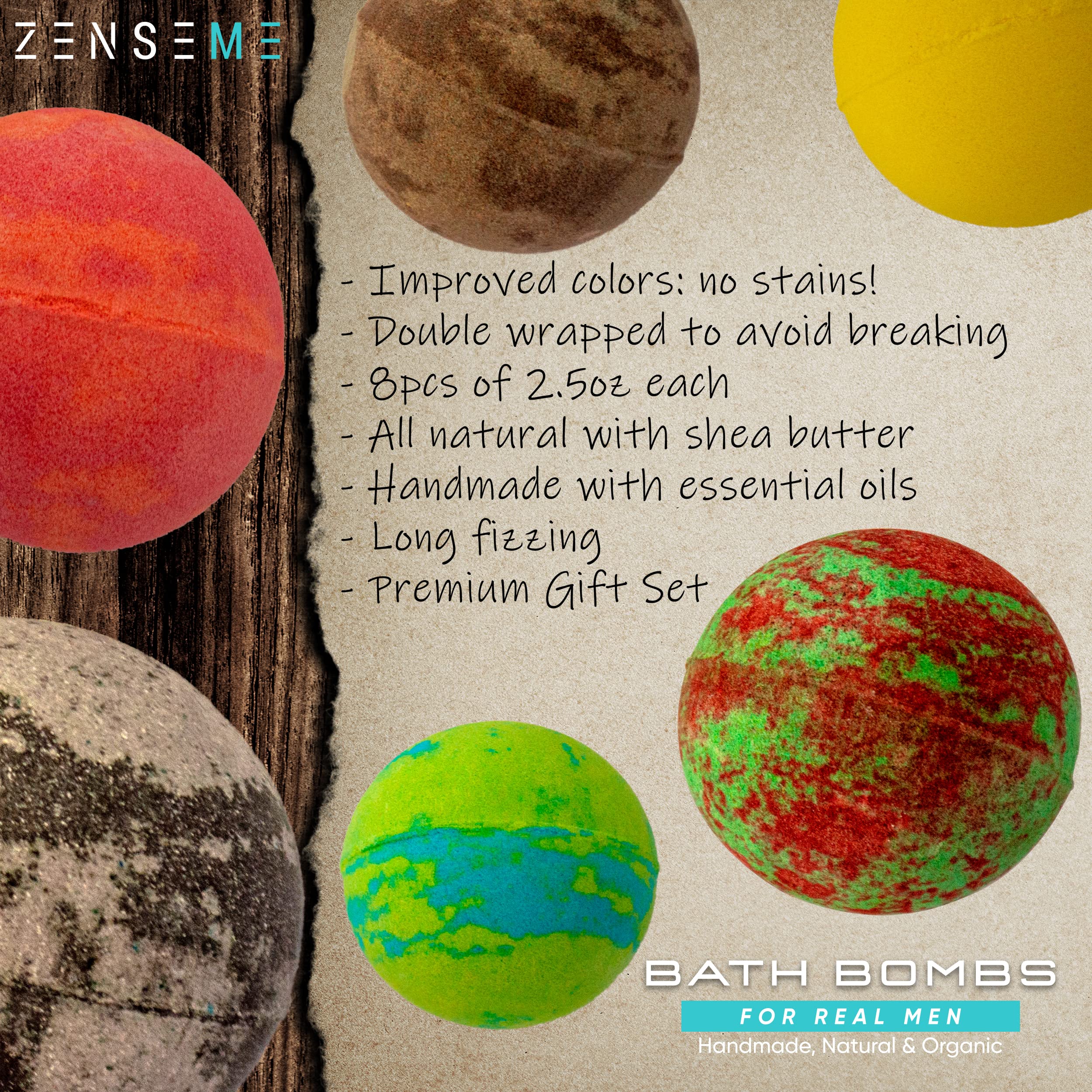Bath Bombs for Men, Gift Set of 8 Scented Organic Handmade Bath Bombs of 2.5 oz with Natural Essential Oils. Perfect for Boyfriend, Husband, Father or Friend, by ZenseMe