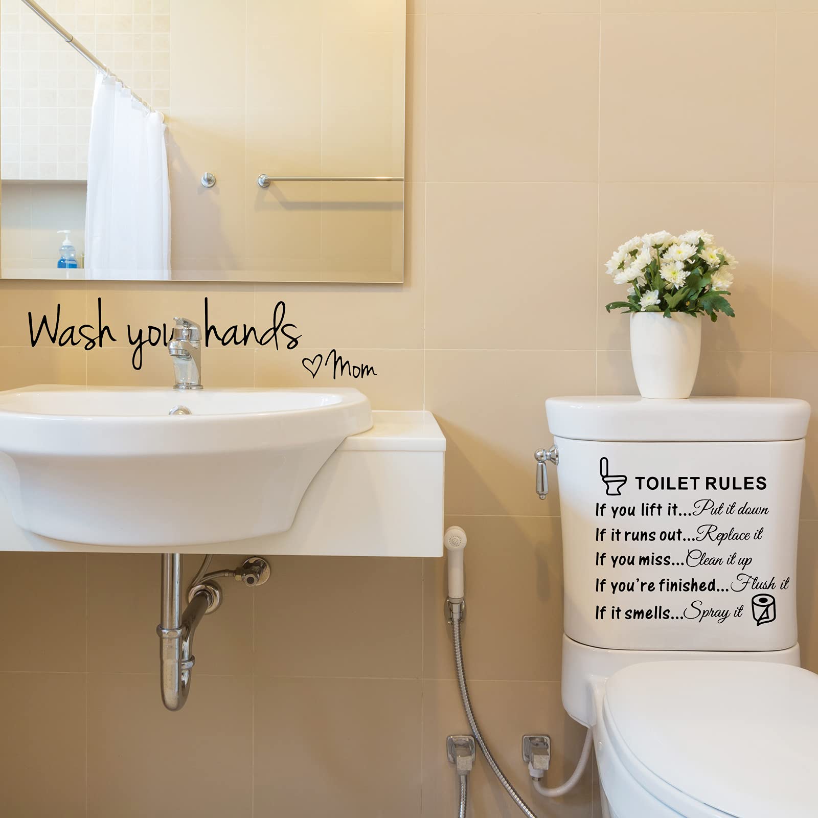 4 Pieces Bathroom Wall Decals Sticker Toilet Rules Soak Relax Enjoy Bathroom Rules Wash Your Hands Love Mom Wall Quote Saying Stickers Vinyl Wall Art Decor for Home Restroom (Black)