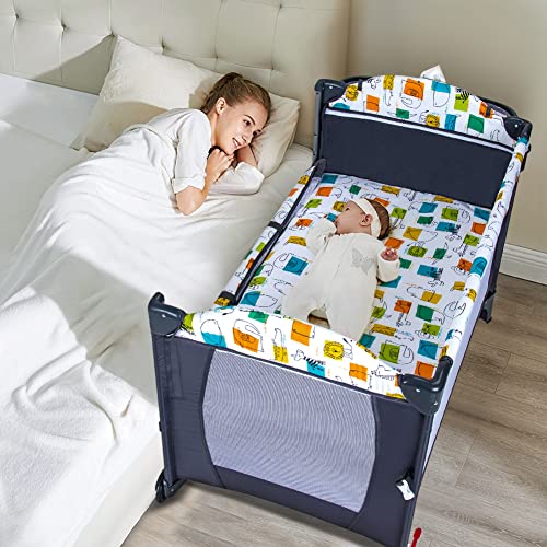 Baby 5-in-1 Pack and Play with Bassinet, Bassinet Bedside Sleeper 5 Functions, Baby Crib with Mattress, Diaper Changer, Playard and Music Box, Bedside Crib for Newborn to Toddles