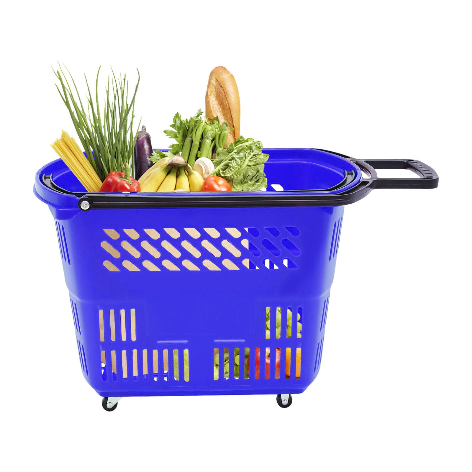 6PCS Shopping Carts, 35L w/Wheels and Handle, Shopping Basket Plastic Rolling Shopping Basket for Carrying and Storing Clothing Groceries (Blue)