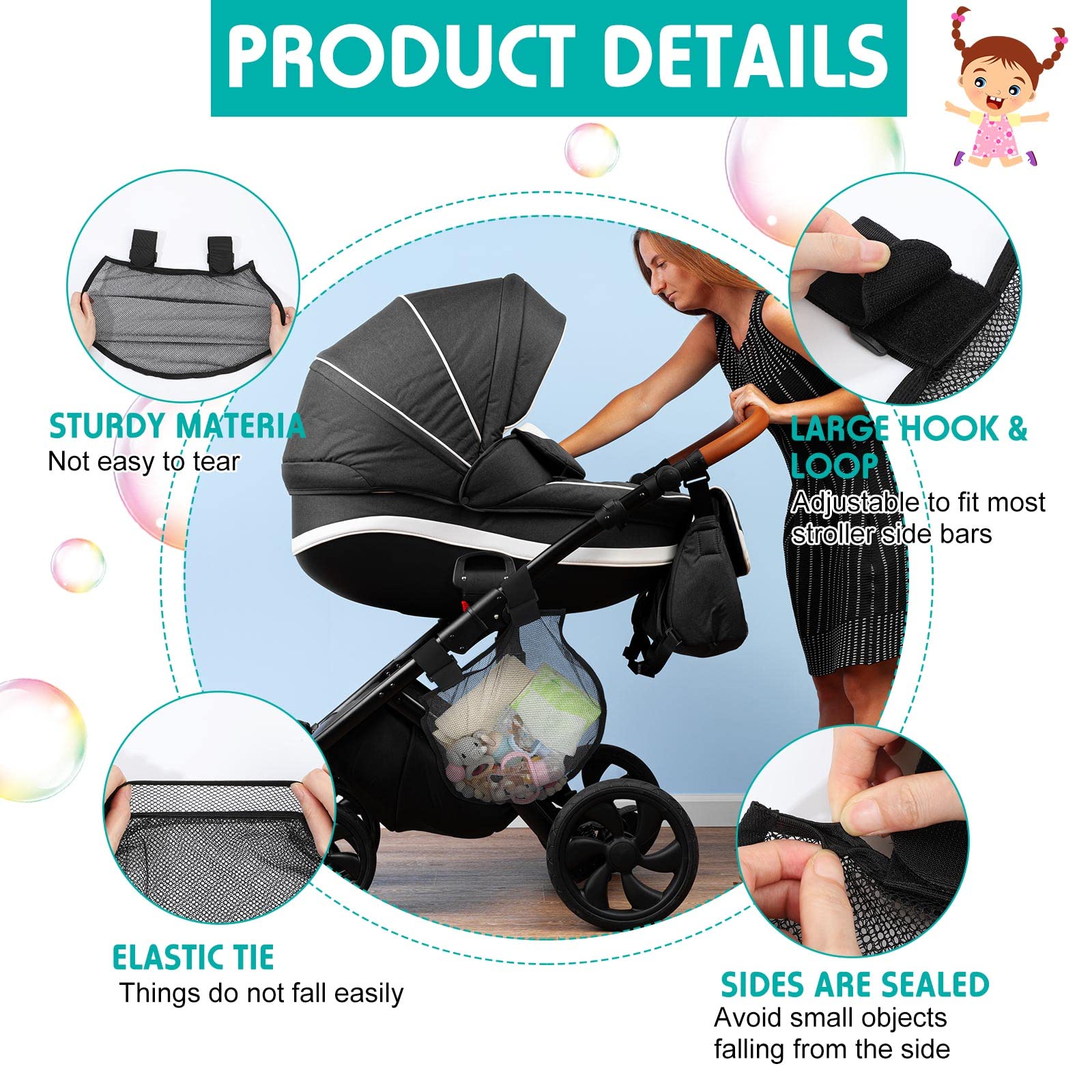 3 Pack Stroller Storage Side Sling Cargo Net Universal Baby Stroller Organizers Mesh Stroller Storage Stroller Accessories with Non Slip Adjustable Hook and Loop Straps for Bottle Milk Powder Diaper