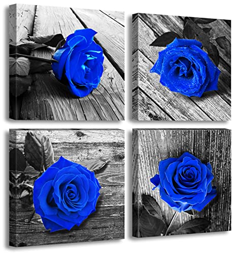 Canvas Wall Art Room Decorations Large Modern Black White Blue Rose Floral Pictures on Grey Valentine'S Day Framed Flower Paintings Decor Multi Panel Turquoise Artwork Living Women Bedroom