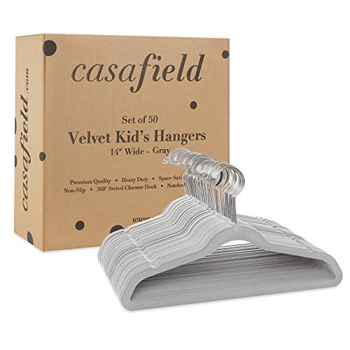 Casafield 50 Velvet Kid's Hangers - 14" Size for Children's Clothes - Gray