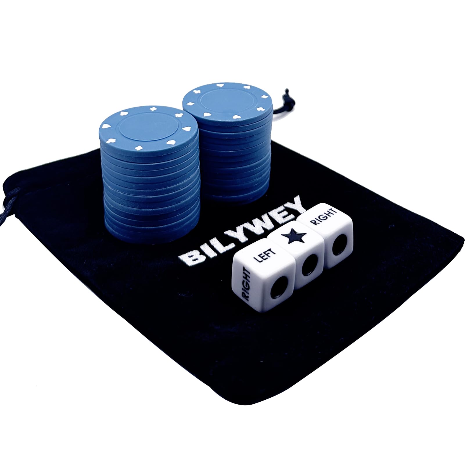 Annietfr Bilywey Left Right Center Dice Game Set with 3 Dices + 30 Yellow Poker Chips + Black Storage Carry Tin (Yellow)
