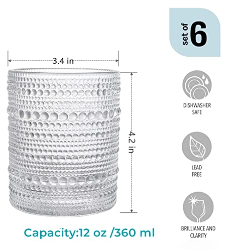 Bandesun Romantic Water Glasses, 12 oz Hobnail Drinking Glasses Set 6, Embossed Vintage Glassware Set for Beer, Cocktail, Soda, Beverage clear