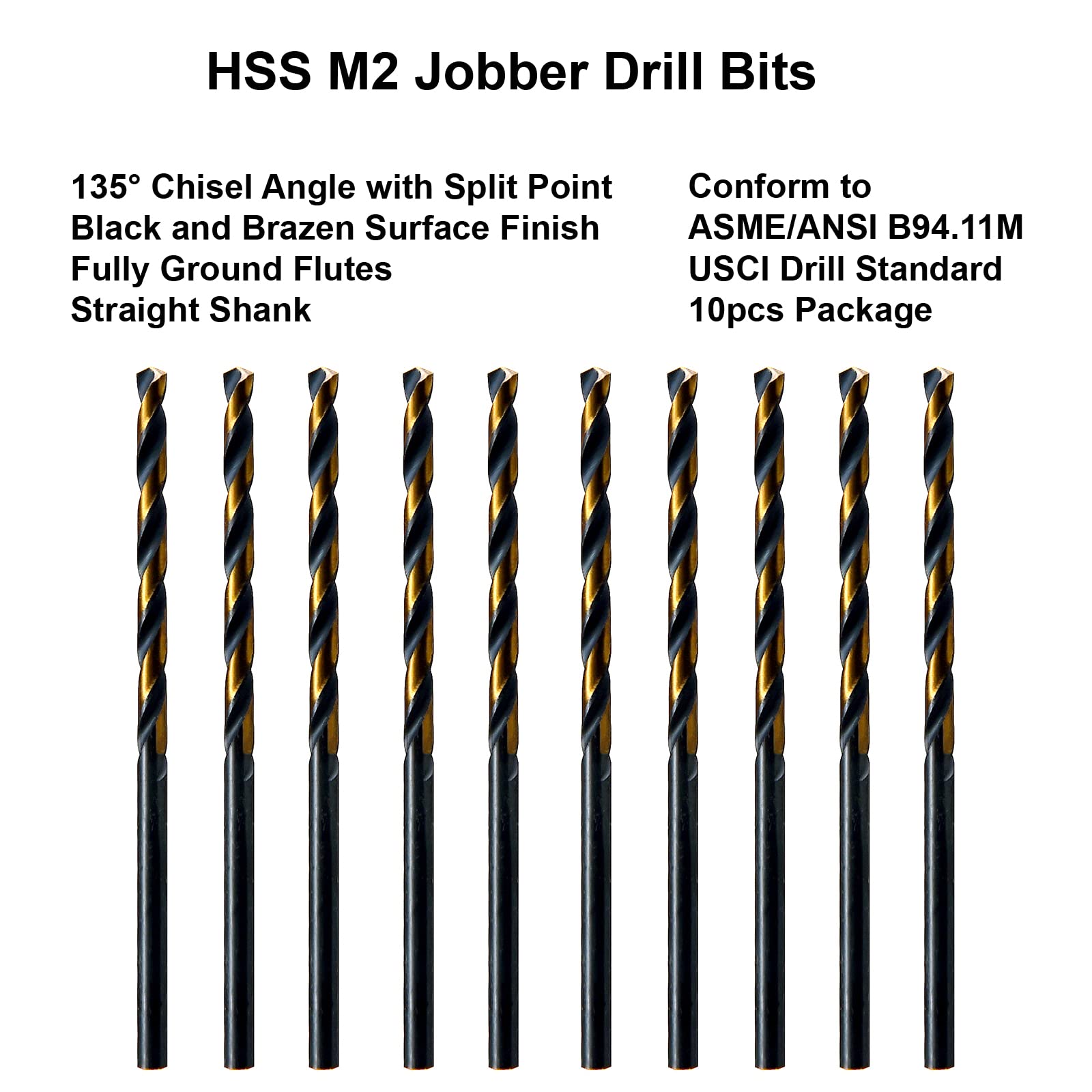MAXTOOL 9/64" 10pcs Identical Jobber Length Drills HSS M2 Twist Drill Bits Fully Ground Black & Bronze Straight Shank Drills; JBF02H10R09P10
