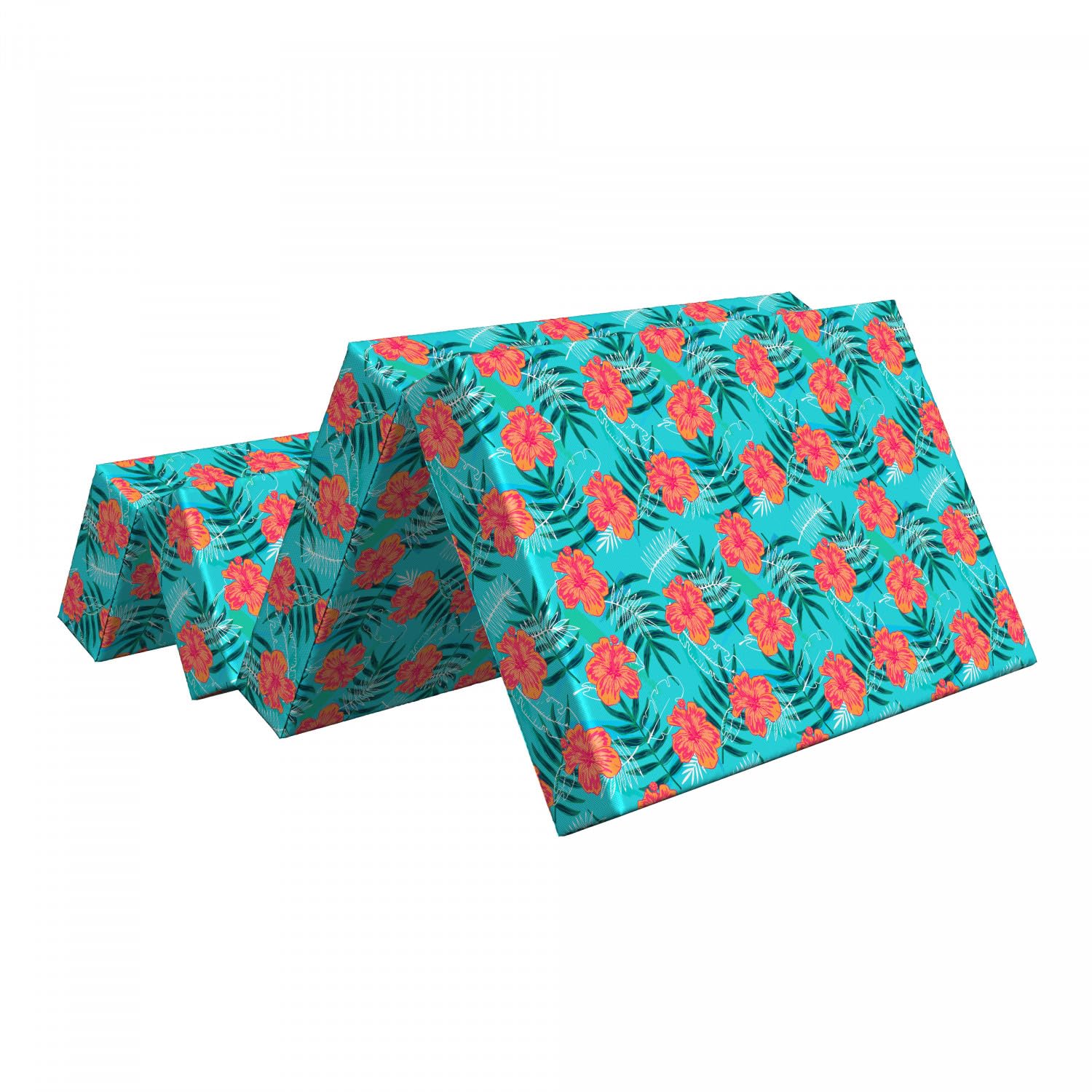 Ambesonne Exotic Foldable Mattress, Tropic Summer Hibiscus Flora, 74.8" x 39.4", Seafoam Coral