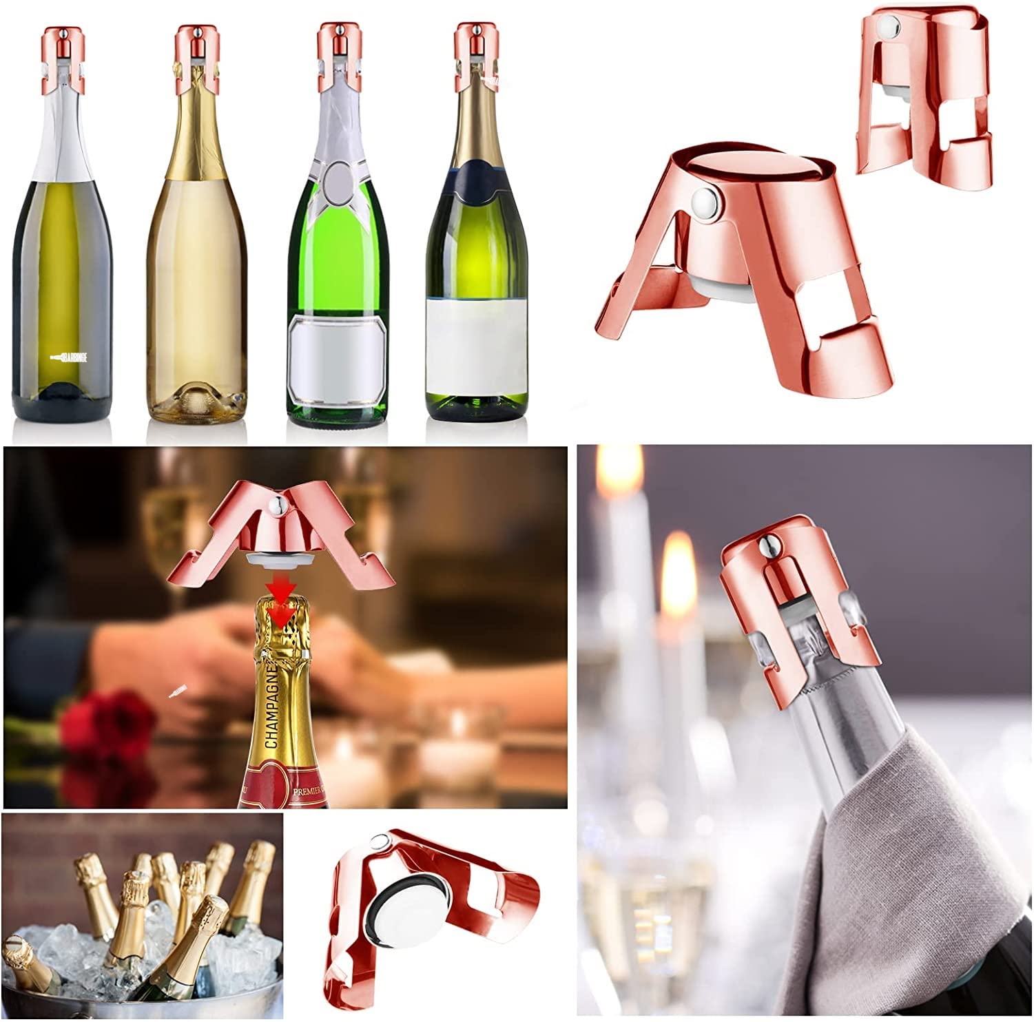 3-PACK BarBinge Champagne Cork Stopper Cap Portable Sparkling Wine Bottle Prosecco Cava Stainless Steel Sealer Plug Clamps Bar Kitchen Gadget