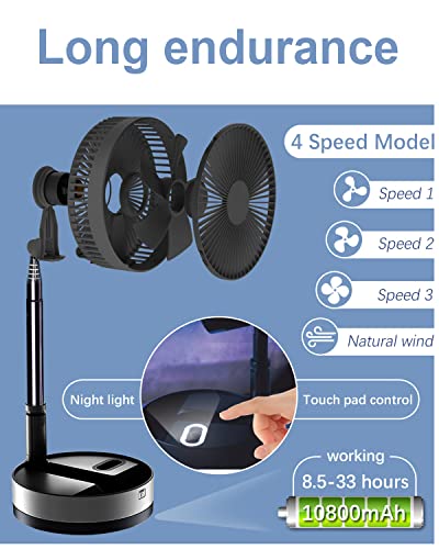 Foldable Fan Foldaway Oscillating with Remote Control, 10800mAh Battery Operated Fan, Portable Standing for Outdoor, Courtyard, Beach,Travel, Room,4 Speeds, with Timer night light (Black)