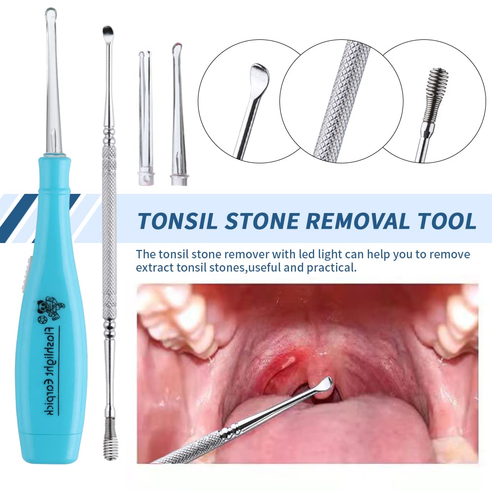 9 Pieces Upgraded Tonsil Stone Removal Set Include Stainless Steel Tonsil Stone Remover Tool Led Light Tongue Cleaner Scraper Tweezer,Cured Syringe for Oral Care (Blue)