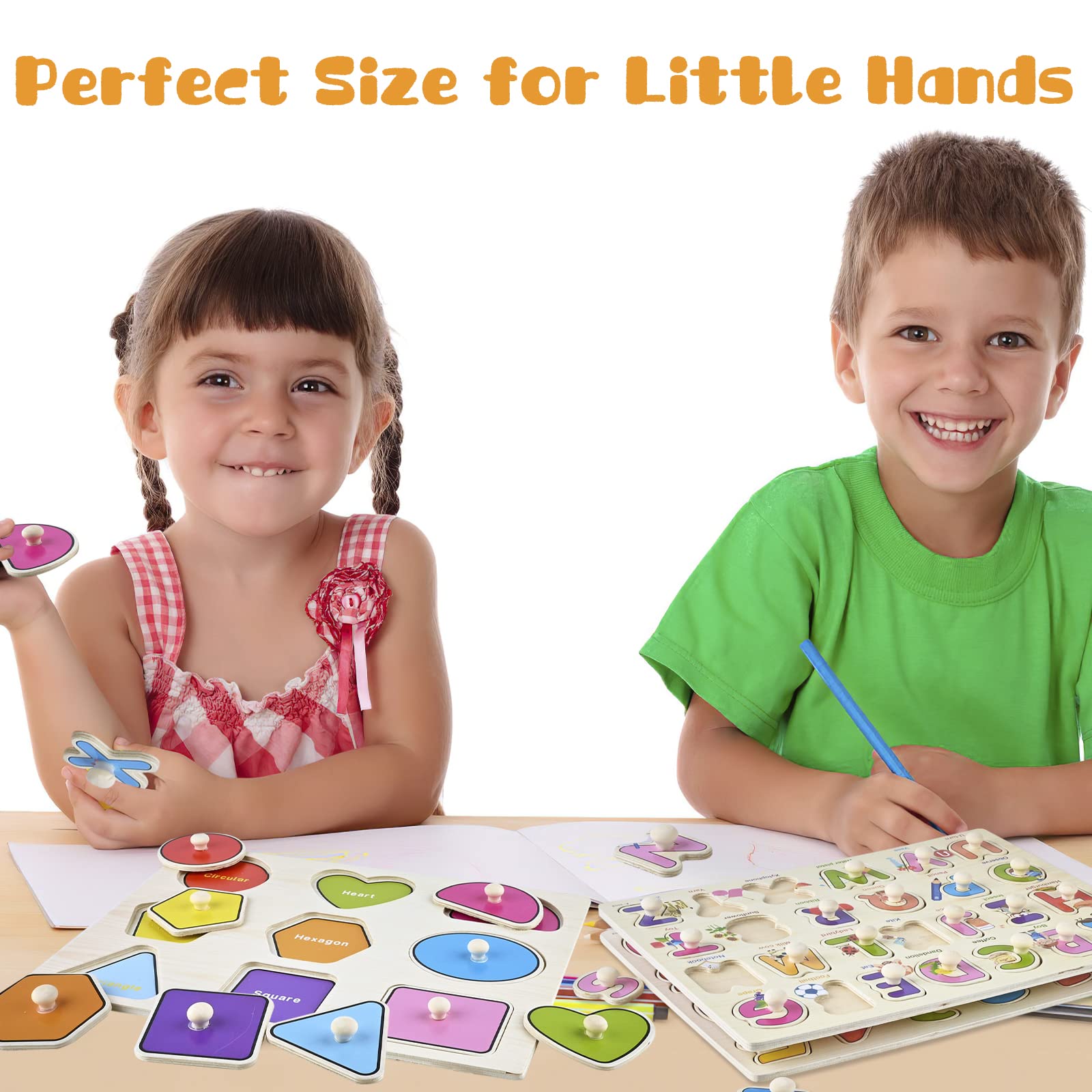 3 Pack Wooden Peg Puzzles for Toddlers 1-5, Alphabet Number Shape Blocks Preschool Educational Pegged Board for Kids 1 2 3 4 5 Years Old Gifts