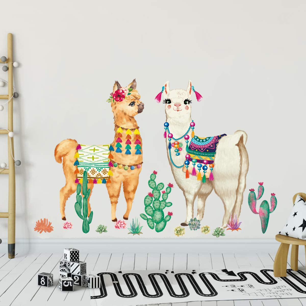 decalmile Large Llama Wall Decals Tropical Cactus Plants Wall Stickers Baby Nursery Kids Bedroom Living Room Wall Decor (H: 24 Inches)