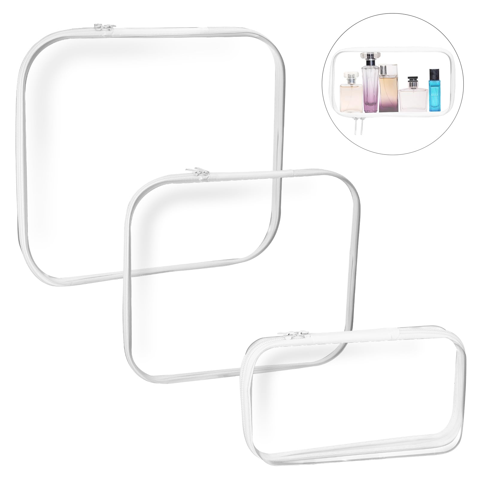 3 Pack Zippered Hard Pouch, Clear Plastic Storage Box Containers Small Toiletry Bag, Clear Hard Shell Zipper Case for Small Items, Toys, Building Blocks, Puzzles, Cosmetics&Stationery, 3 Size (White)