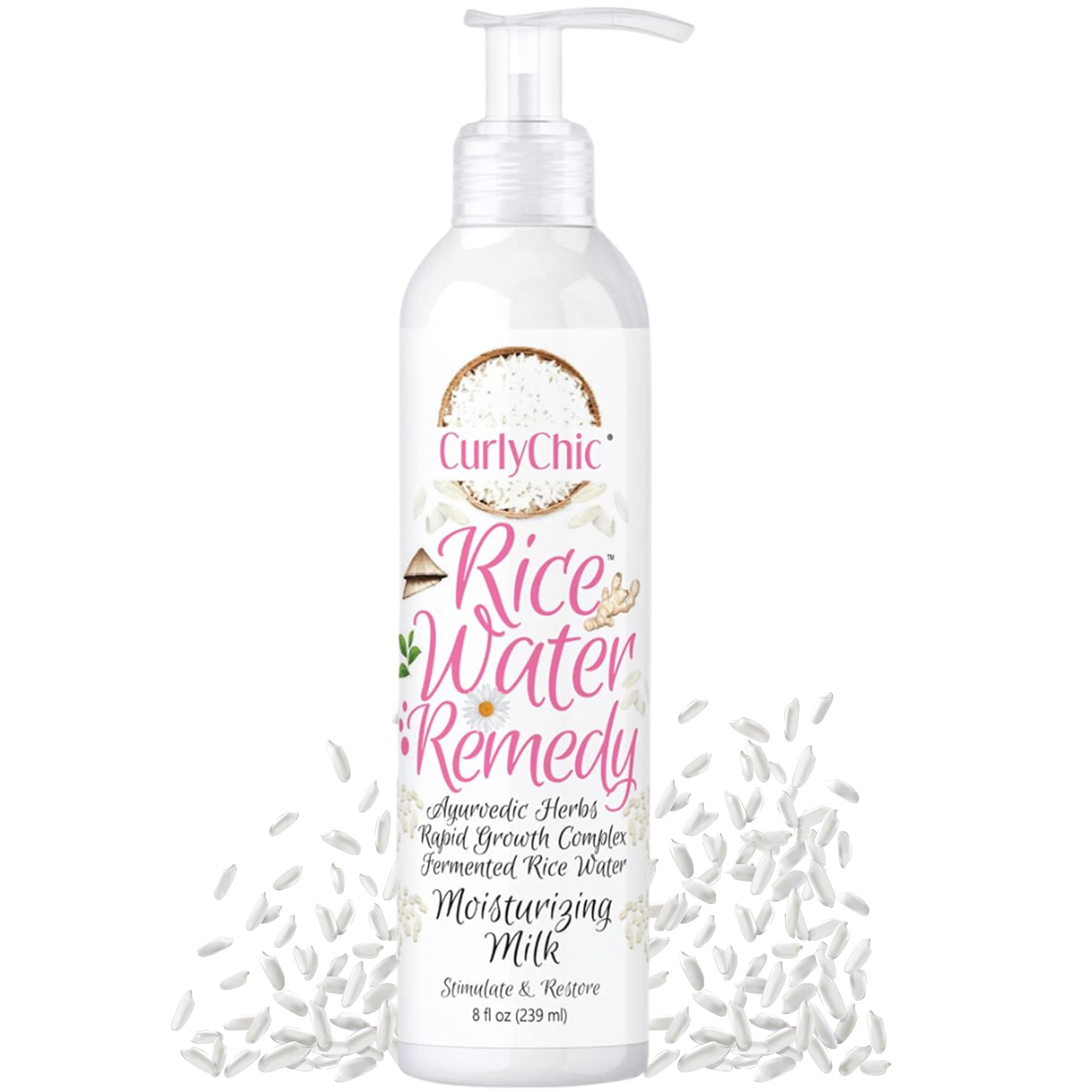 CurlyChic Rice Water Remedy Moisturizing Hair Milk - Hydrates, Detangles & Revives Dry Hair - Ayurvedic Herbs & Fermented Rice Water for Rapid Growth - Sulfate, Paraben & Mineral Oil Free - 8 fl oz