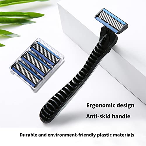6-Blade Razor,Plastic Anti-slip Men Manual Refill Cartridges razors, Reusable Face Cleansing Care Tool, Shave Supplies for Men and Women - Black