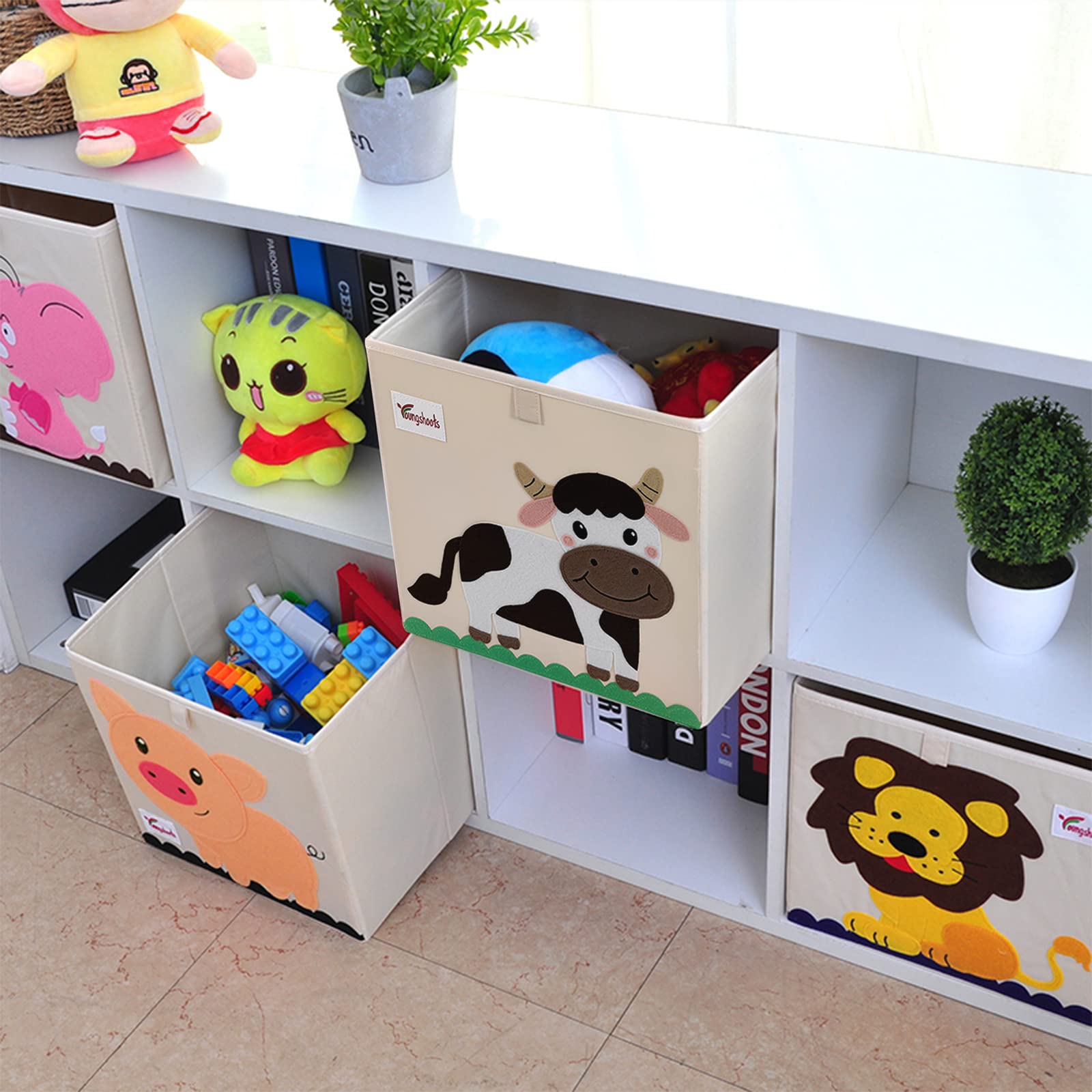 2PCS 13x13x13 Storage Cube Bins, LIOUCBD Foldable Toy Storage Bins Boxes Chests, Water Proof Canvas Storage Bin for Toys Clothes Dolls Books (Cow & Pig)