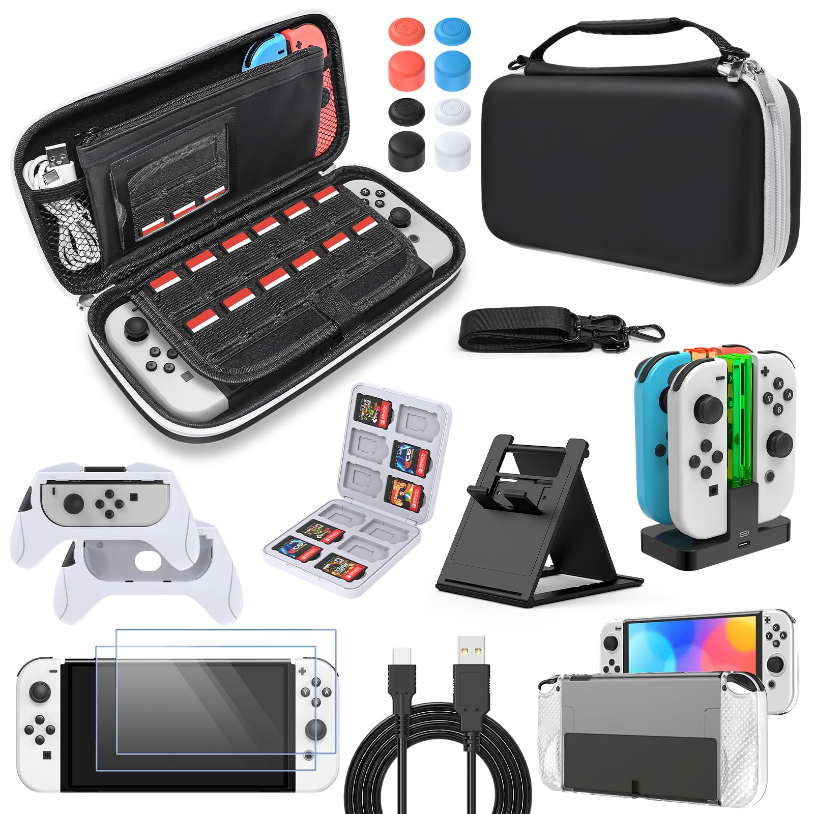 Accessories Bundle for Switch OLED, All in 1 Accessories Kits for Switch OLED 2021 Model:Case & Screen Protector, Hand Grips & Racing Wheels for Joy con, Controller Charger Dock, Carrying Case & More