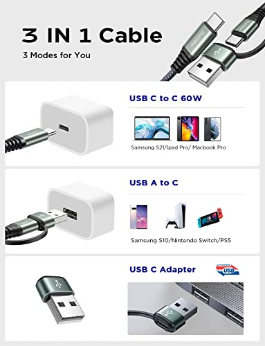 AINOPE Newest 2-in-1 Charger Cable 2-Pack 6.6ft, 3.1A C to C Fast Charging Cable Nylon Braided USB A/C to USB C Cord Compatible with iPad Pro/Air/Mini 6 MacBook Air Galaxy S22 21 S10 Note