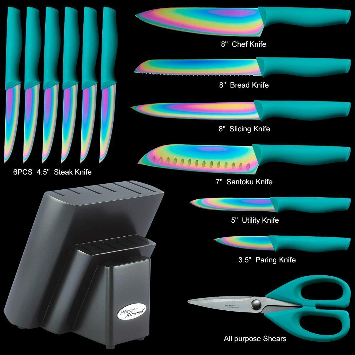 KYA27 Kitchen Knives Set with Wooden Block+ KYA52 Rainbow Kitchen Utensils Set+ KYA55 Rainbow Titanium Long Handle Spoons PACK of 8