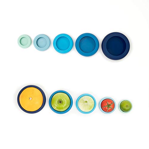 Food Huggers 5pc Reusable Silicone Food Savers | BPA Free & Dishwasher Safe | Fruit & Vegetable Produce Storage for Onion, Tomato, Lemon, Banana, Cans & More | Round, Ice Blue