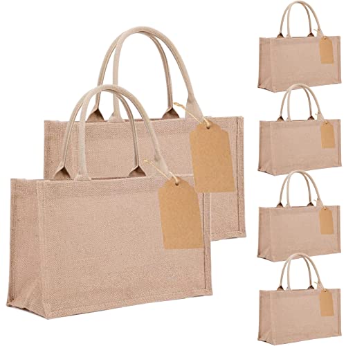Achaohe Burlap Tote Bags Bulk 6 Pack Jute Reusable Canvas Gift Favors Bag with handle Water Resistant for Women Bridesmaid Wedding Beach Shopping (6 Pack 12 x 9.8 x 3.9)