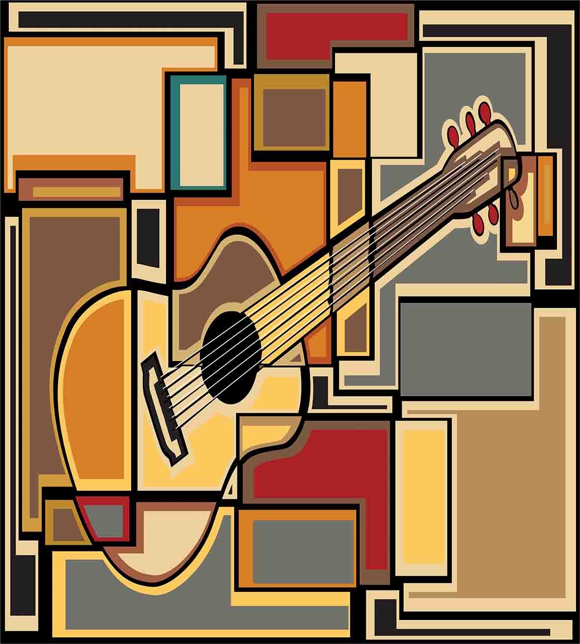 Ambesonne Music Duvet Cover Set, Funky Fractal Geometric Square Shaped Background Acoustic Guitar Art, Decorative 3 Piece Bedding Set with 2 Pillow Shams, King Size, Pale Yellow