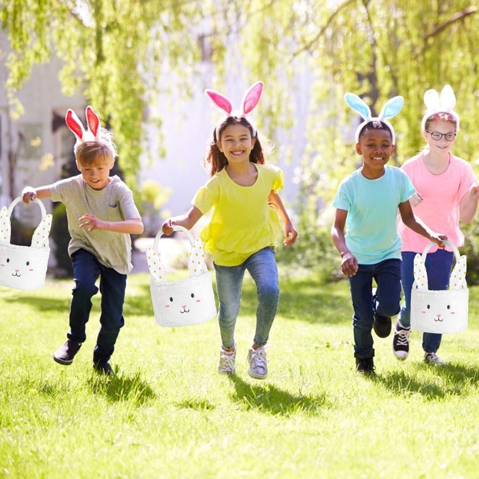 Evoio Easter Basket for Kids Toddler Girls Boys, Fluffy Bunny Bucket Bag with Handle Bunny Face and Foldable Ears Perfect for Easter Eggs Hunt Event, Easter Gifts Bunny Easter Eggs Basket Bags