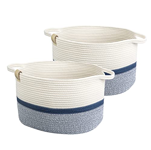 ART pinecone cotton rope basket 2 pack, Oval woven nursery storage basket, Cute Dog Toy Basket Baby Nursery Hamper Shelf Decorative Bin, soft fabric basket 15"L x 10"W x 9"H (2-pack, 3 tones color white & Blue)
