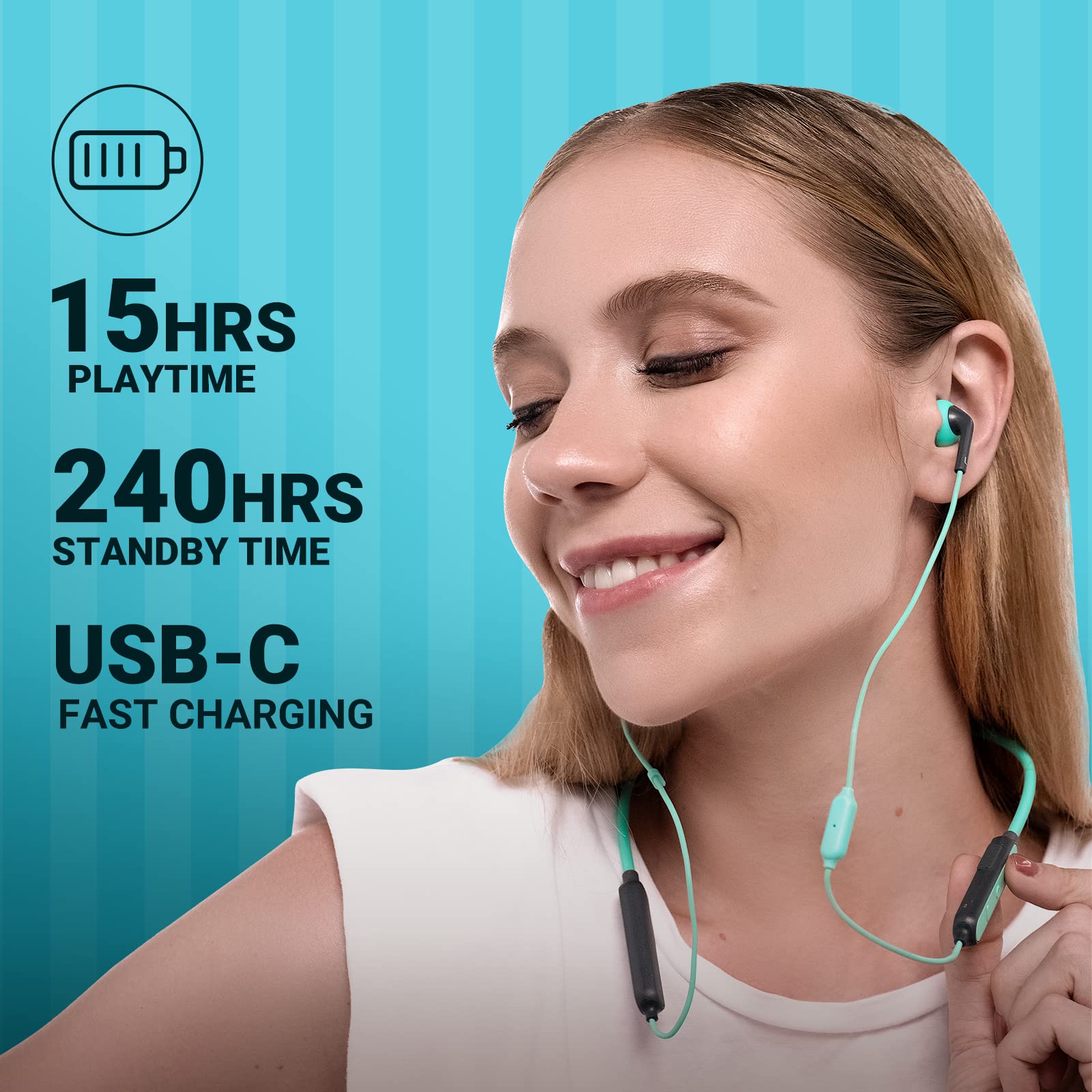 233621 Wave Bluetooth Neckband Headphones, 15 Hrs Playtime Stereo Wireless Earbuds with CVC 8.0 Call Noise Cancellation Microphone, 10.7 mm Drivers, IPX5 âWaterproof & Skin-Friendly (White)