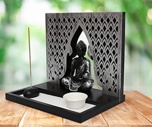 Basic Fundamentals Zen Garden Candle Holder Home Decor - Buddha Incense Stick Holder Office Desk Accessories - Zen Garden Sand Office Decor - Buddha Table Top - 8.75" x6.5”x 8.75”