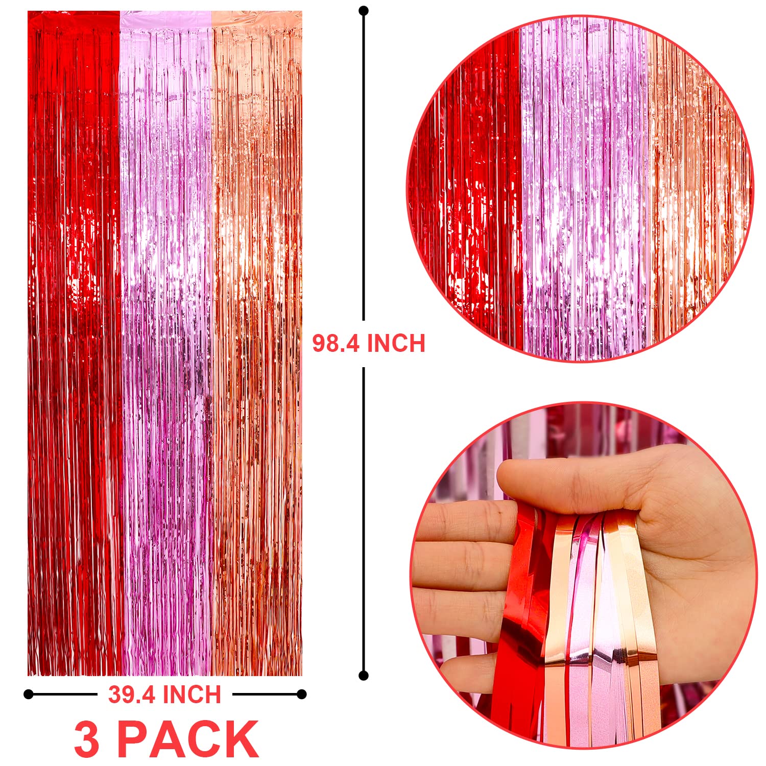 3 Packs 3.3ft x 8.2ft Valentines Day Red Pink and Rose Gold Tinsel Foil Fringe Curtains for Valentines Day Party Decorations Valentine's Day DIY Party Tinsel Photo Background Decorations