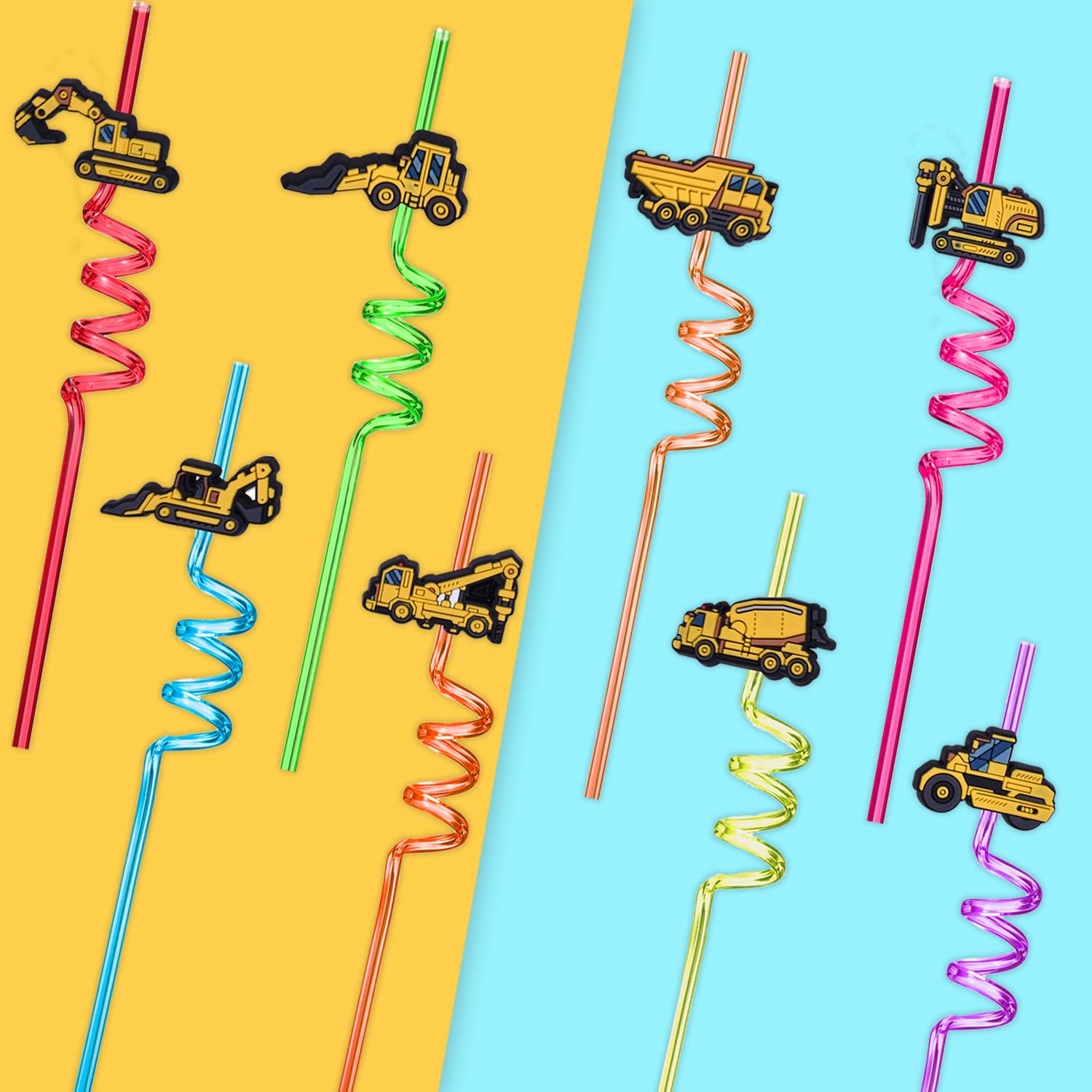 24 Construction Excavator Theme Reusable Drinking Plastic Straws 8 Designs Include Excavator, Front Loader, Road Roller Perfect for Kids' Birthday Party Supplies Party Favors with 2 Cleaning Brushes