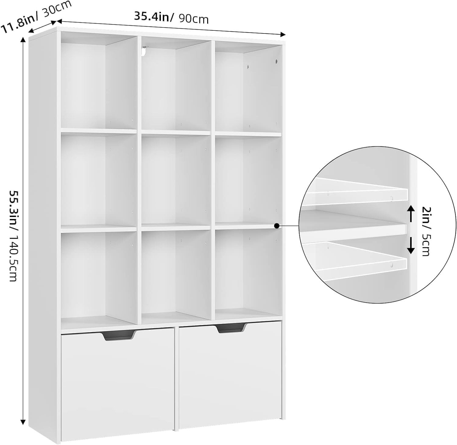 2024 New White Kids Bookshelf, Wooden Bookshelf Organizer With 9 Cubicles & 2 Spacious Drawers - Versatile Standing Storage Unit for Kids Room, Nursery, Home Office, Living Area & Study Space