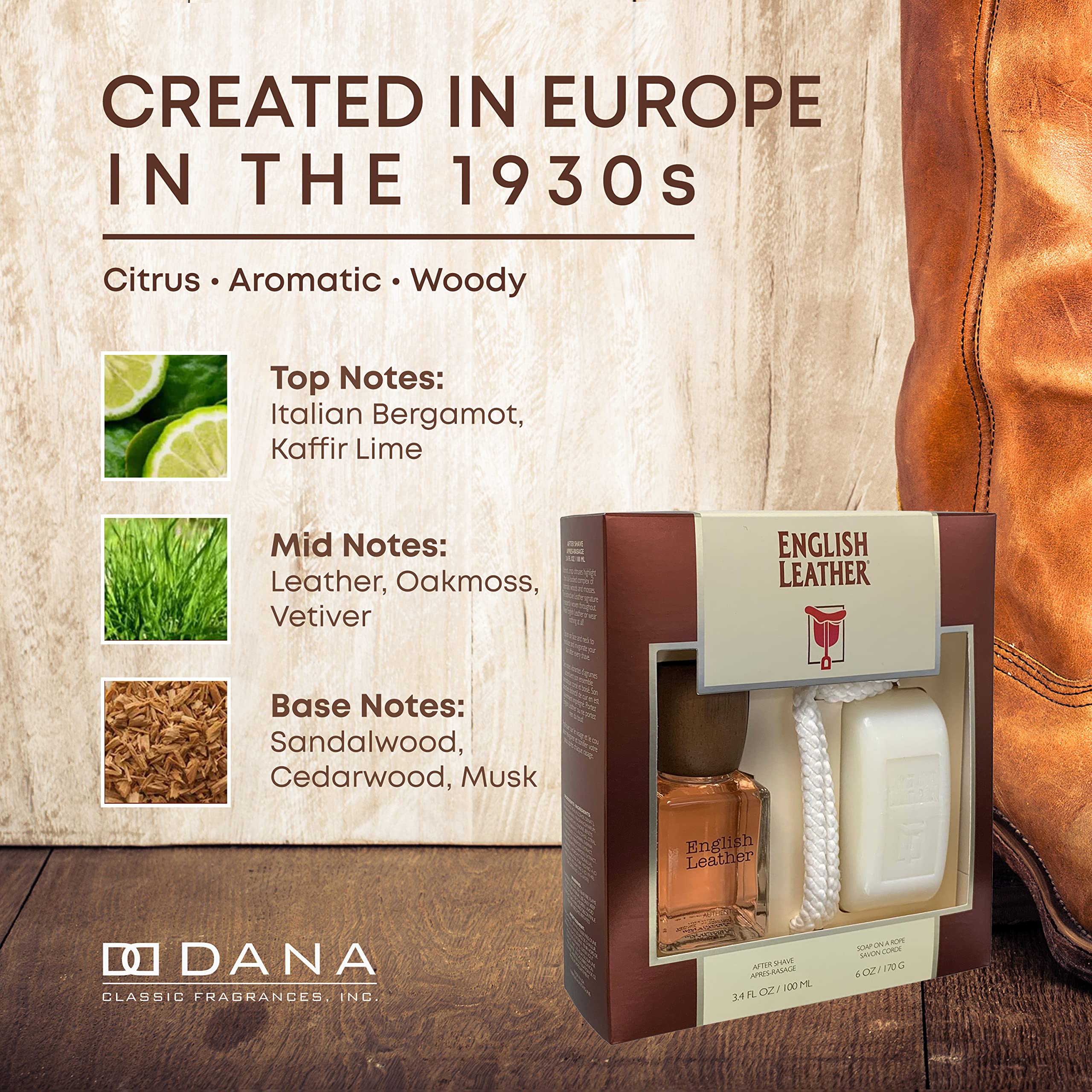 Dana ENGLISH LEATHER 2-PIECE GIFT SET for Men - After Shave Splash & Soap on a Rope Classic Fragrances