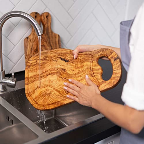 Forest Decor Olive Wood Cutting Board, Wooden Board with Juice Groove, Steak Board for Barbeque, Grilling Meat, Handcrafted Charcuterie Cheese Serving Board, Chopping and Carving Block, 16x6.5