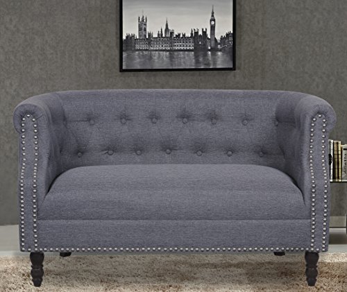 Container Furniture Direct Huton Collection Contemporary Upholstered Linen Wingback Loveseat with Solid Wood Frame and Button Tufted Details, Dark Grey