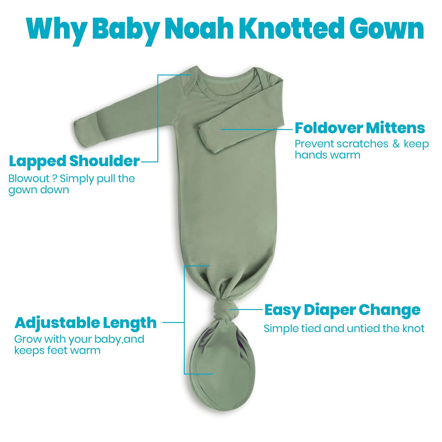 Newborn Baby Knotted Gown, Super Soft Silky Infant Long Sleeve Sleeper for Baby Girl and Boy Sleeping Bag with Mittens and Hat & Bowknot Set (Extra Long)