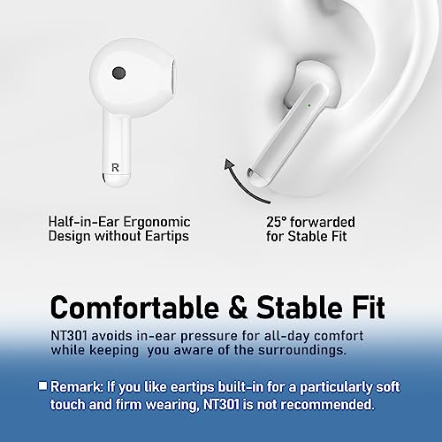 Audiovance NT301 Earbuds, Wireless Headphones Bluetooth Ear Buds for iPhone and Android, Comfort Fit, Premium Sound, Clear Calls, Wireless Charging, Waterproof, 23H Battery Earphones (White)