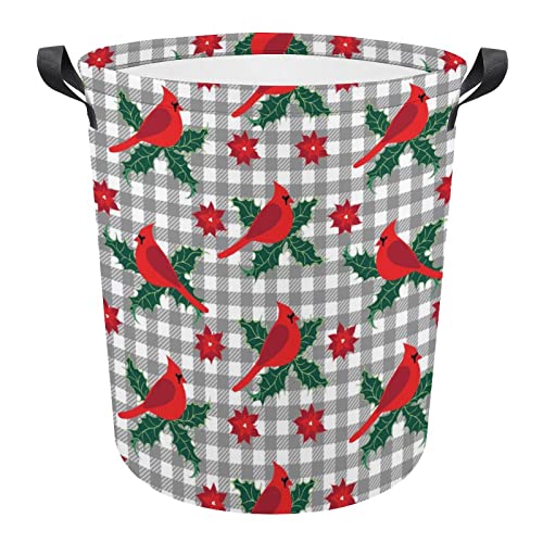 Cardinal Bird Holly Leaves and Poinsettia Flowers Foldable Laundry Basket Waterproof Hamper Storage Bin Bag with Handle 16.5"x 16.5"x 17"