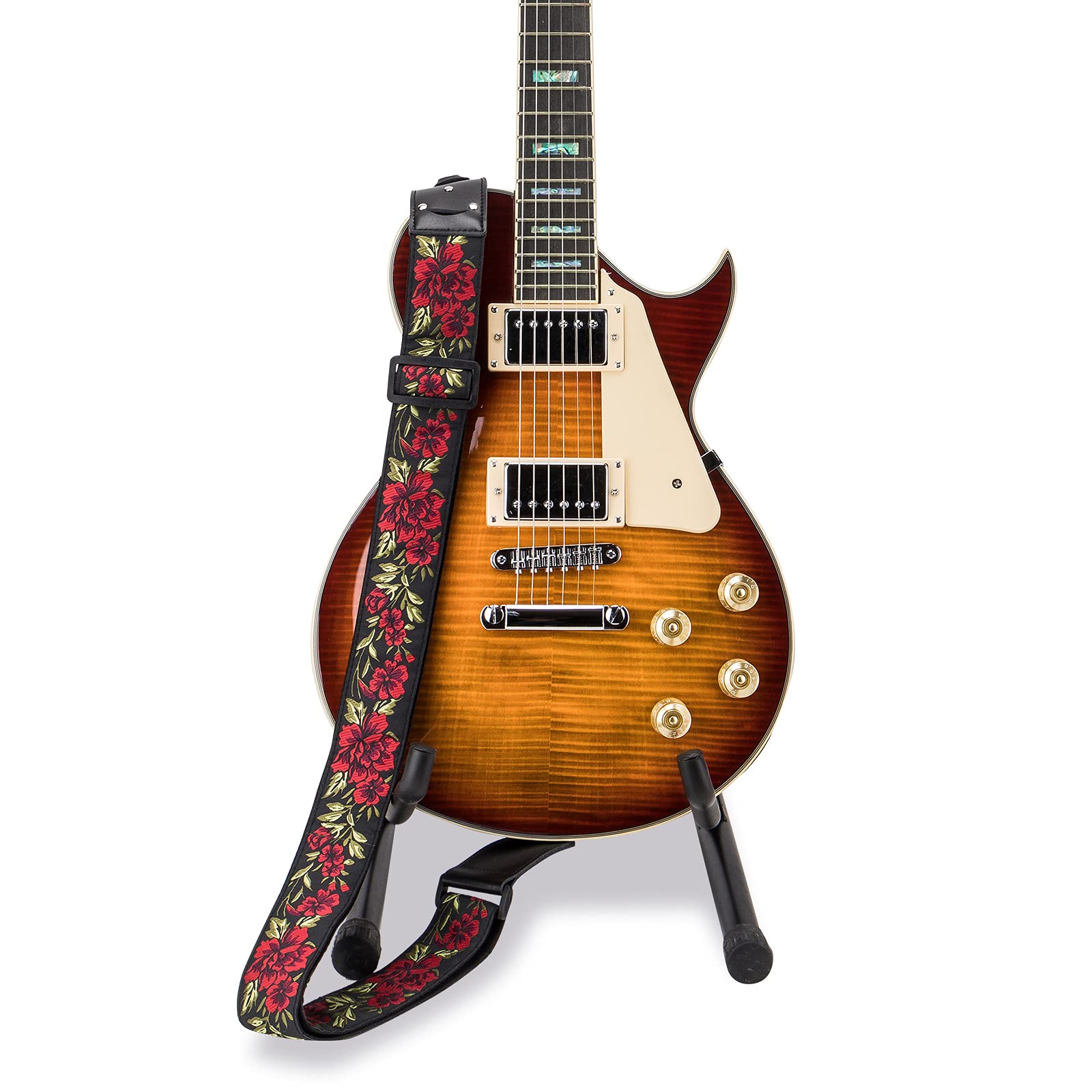 Adjustable Guitar Strap for Electric/Acoustic Guitar/Bass, Includes 2 Picks + Strap Locks + Strap Button, Cotton Jacquard Embroidered Genuine leather Ends Guitar Straps with 1 Pick Holder, Rose