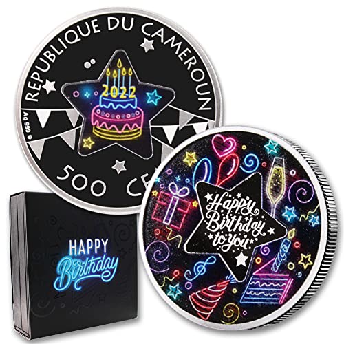 2022-17.5 g Cameroonian Proof Silver Happy Birthday Colored Coin in Contemporary Latex Case with Certificate of Authenticity 500 CFA Francs Seller Proof