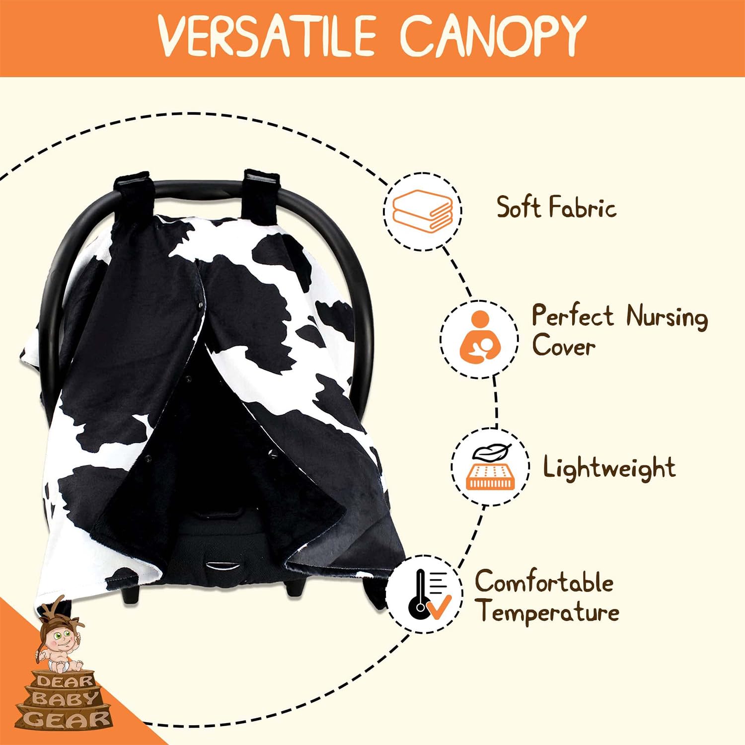 Dear Baby Gear Black and White Holstein Cow Baby Car Seat Canopy with Snap Button Opening — Double Layered Lightweight Cover Keeps Babies Cozy and Sheltered from The Sun — 40 x 30 Inches