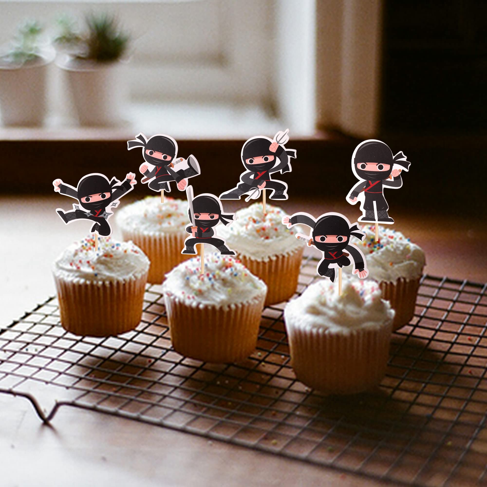 24 PCS Ninja Cupcake Toppers Assembled Martial Arts Karate Kung Fu Warriors Cupcake Picks Decorations for Ninja Theme Baby Shower Kids Birthday Party Supplies