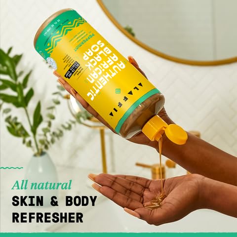 Alaffia Authentic African Black Soap Variety 2-Pack – All-In-One Liquid Soap, Travel-Size Eucalyptus Tea Tree + Full-Size Peppermint Body Wash, Face Wash, Shampoo, Shaving Soap