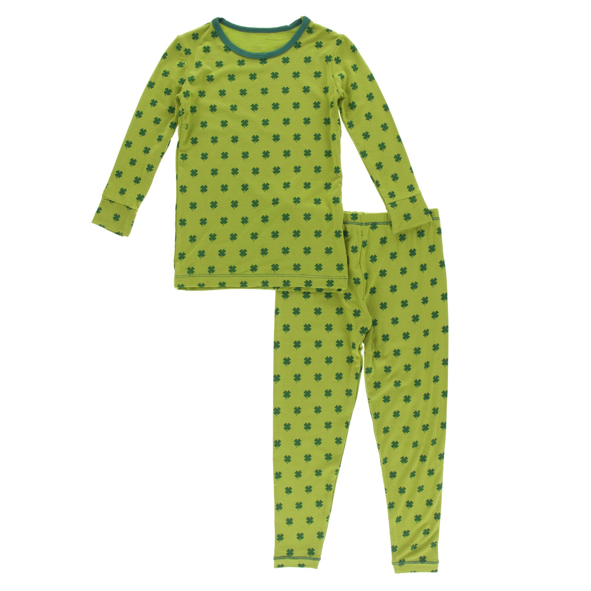 KicKee Pants St. Patrick’s Pajama Set in Long Sleeve Tee, Four Leaf Clover, Snug Fitting PJs (Meadow Clover - 6-12 Months)