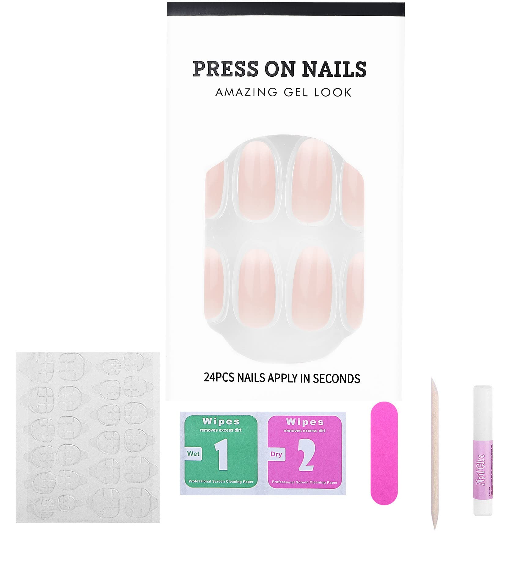 24 Pcs Press on Nails Medium, Sunjasmine Almond Fake Nails with Glue, Pink White Gradient False Nails with Designs, Acrylic for Women