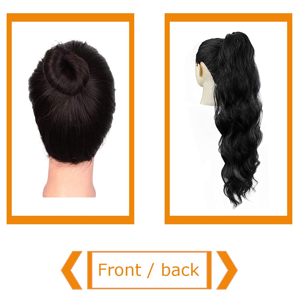 KETHBE 24 Inch Long Body Wave Ponytail hair Extension Synthetic Heat Resistant Wrap Around Drawstring Curly Wavy Ponytail Hairpieces for Women(Black)