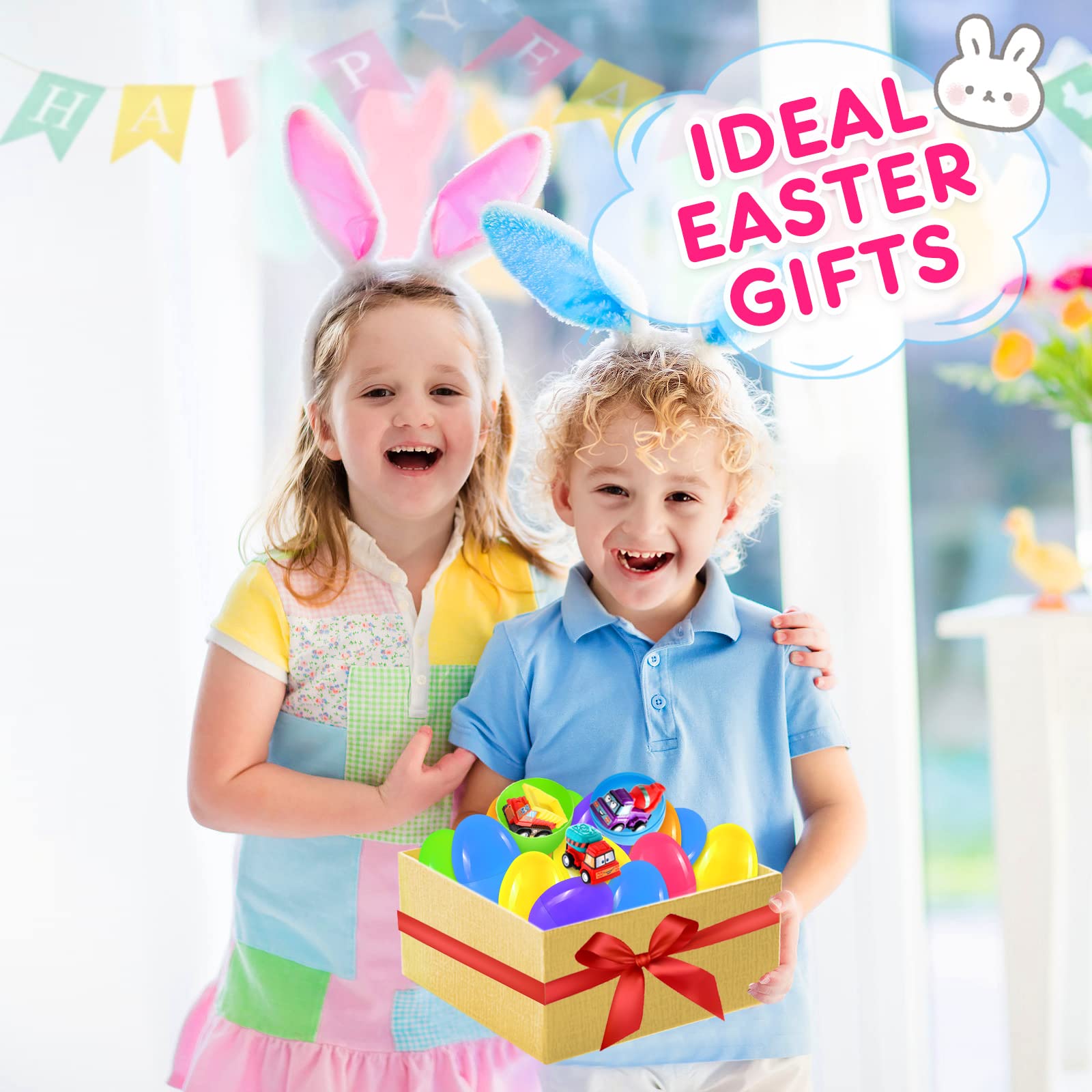 24 Pack Plastic Easter Eggs and Cars for Easter Egg Hunt, Play Pull Back Construction Car Toys, Easter Basket Stuffers, Classroom Prize Supplies, Easter Party Favors for Kids Boys Girls Toddlers