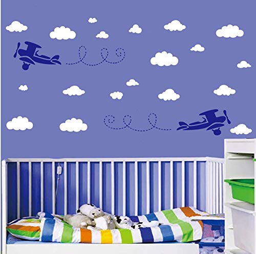 Kids Room Wall Sticker Two Aircrafts with Clouds Wall Decor for Boys Bedroom Wall Sticker Airplane Sky Decoration AM177 (Blue Airplane/White Clouds)