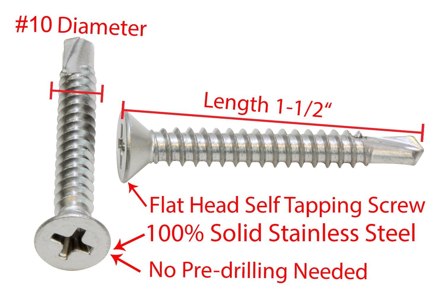 Bolt Dropper #10 X 1-1/2'' Stainless Flat Head Phillips Self Drilling Screw, (25 pc), 18-8 (304) Stainless Steel Screw by Bolt Dropper